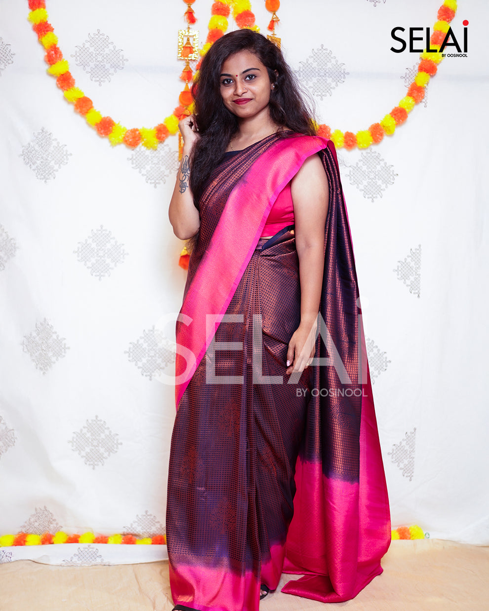 Square Zari Motif Semi-Silk Saree – Oosi Nool